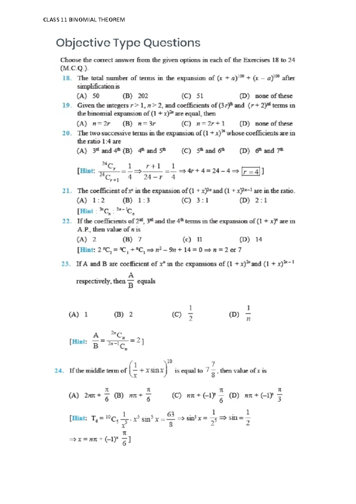 Class 11 Binomial Theorem Extra Questions - BEd Mathematics - CLASS 11 BINOMIAL THEOREM - Studocu