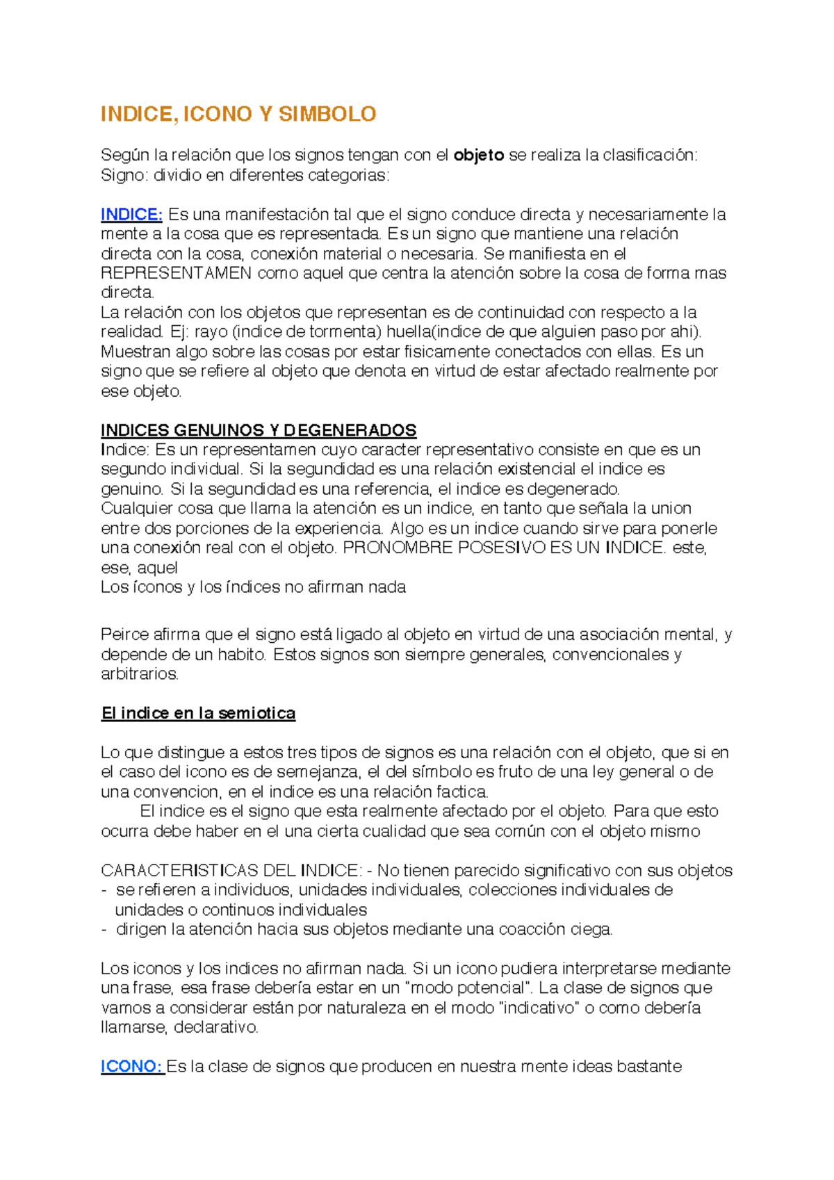 Resum. ICO IND - Semiótica signos - INDICE, ICONO Y SIMBOLO la que los ...