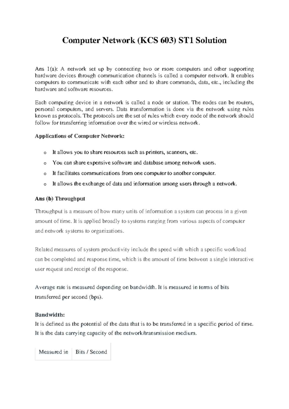 Solution Computer Network KCS 603 - Computer Network (KCS 603) ST1 Solution Ans 1(a): A network ...
