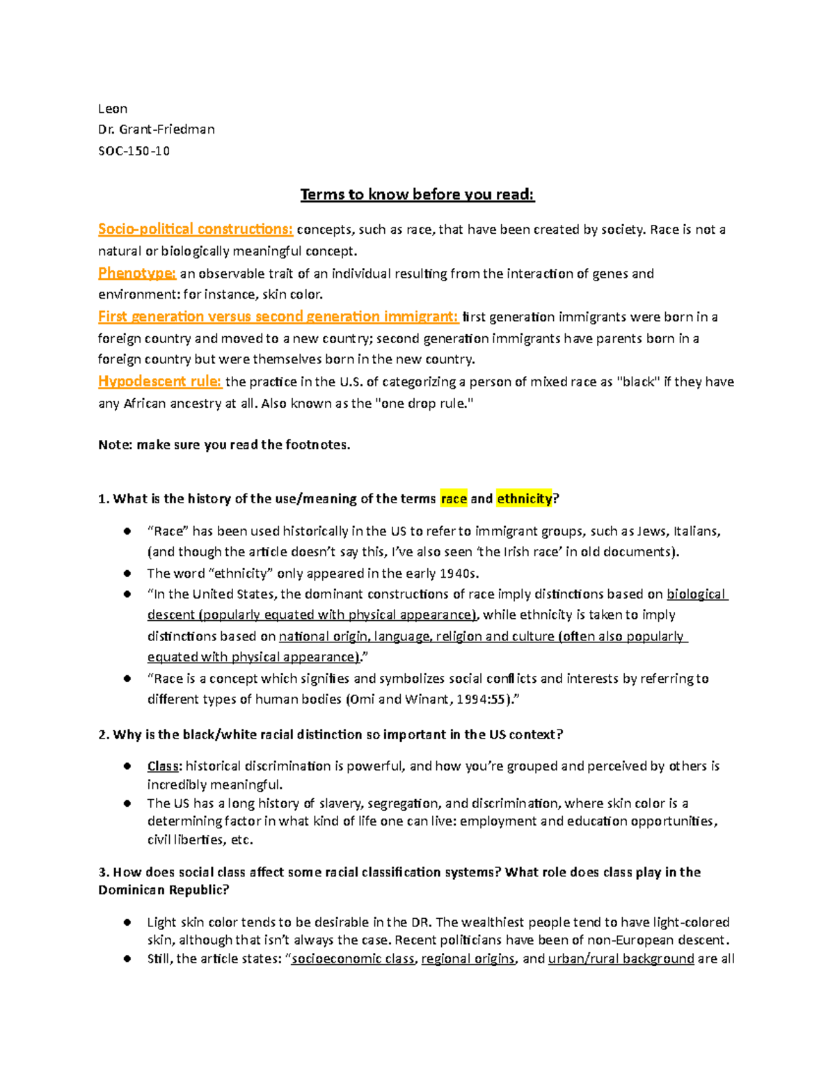 Bailey reading activity - Leon Dr. Grant-Friedman SOC-150- Terms to ...