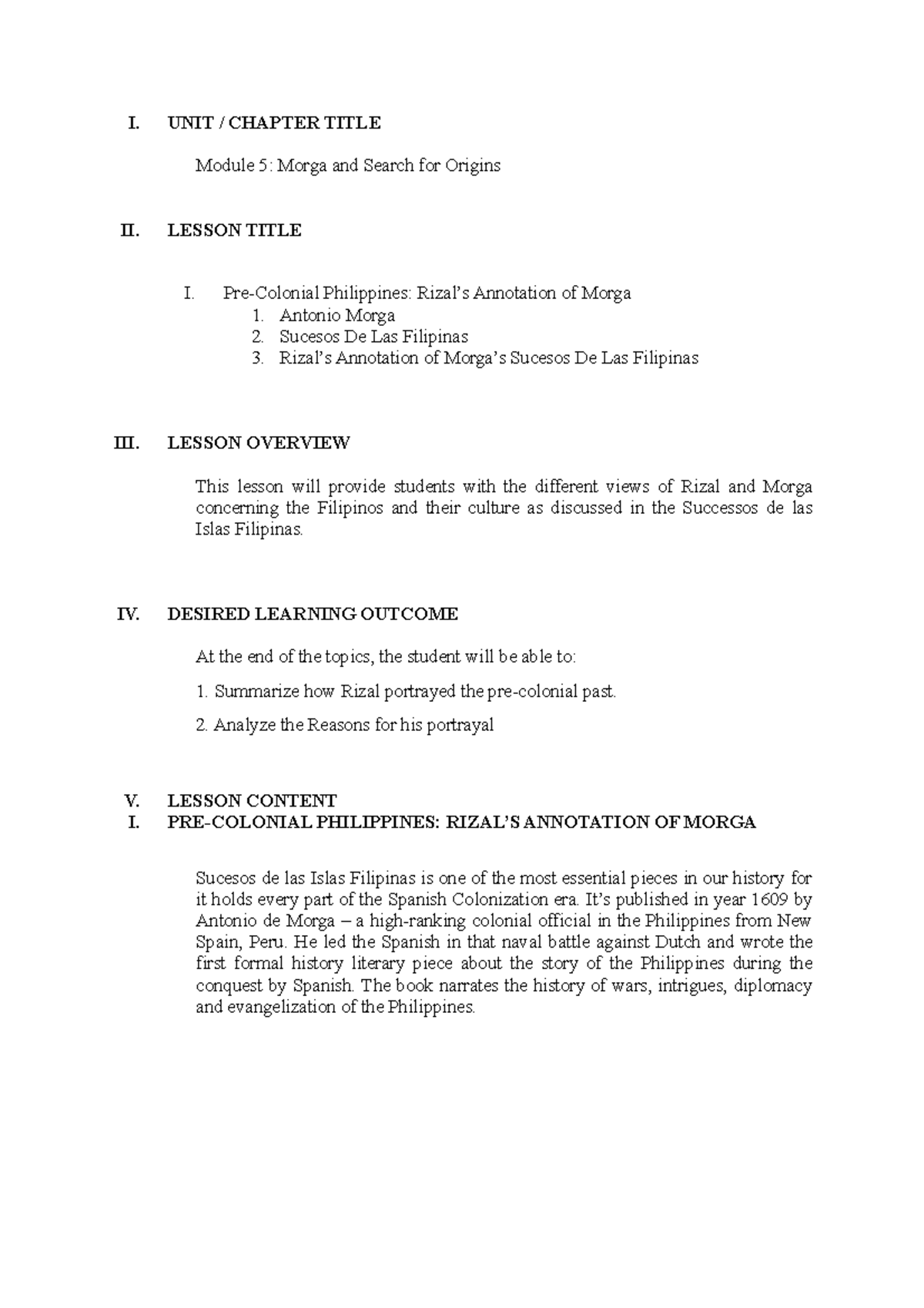PRE- Colonial Philippines- Rizal’S Annotation OF Morga - I. UNIT / CHAPTER TITLE Module 5: Morga ...