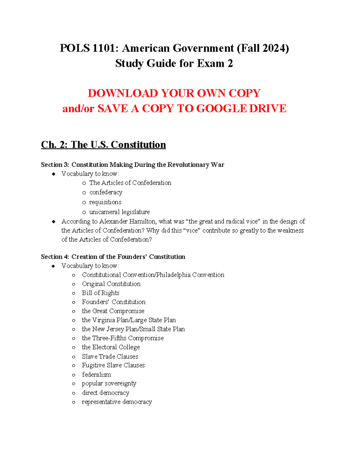 Exam 2 Study Guide 2024 Fall - POLS 1101: American Government (Fall ...