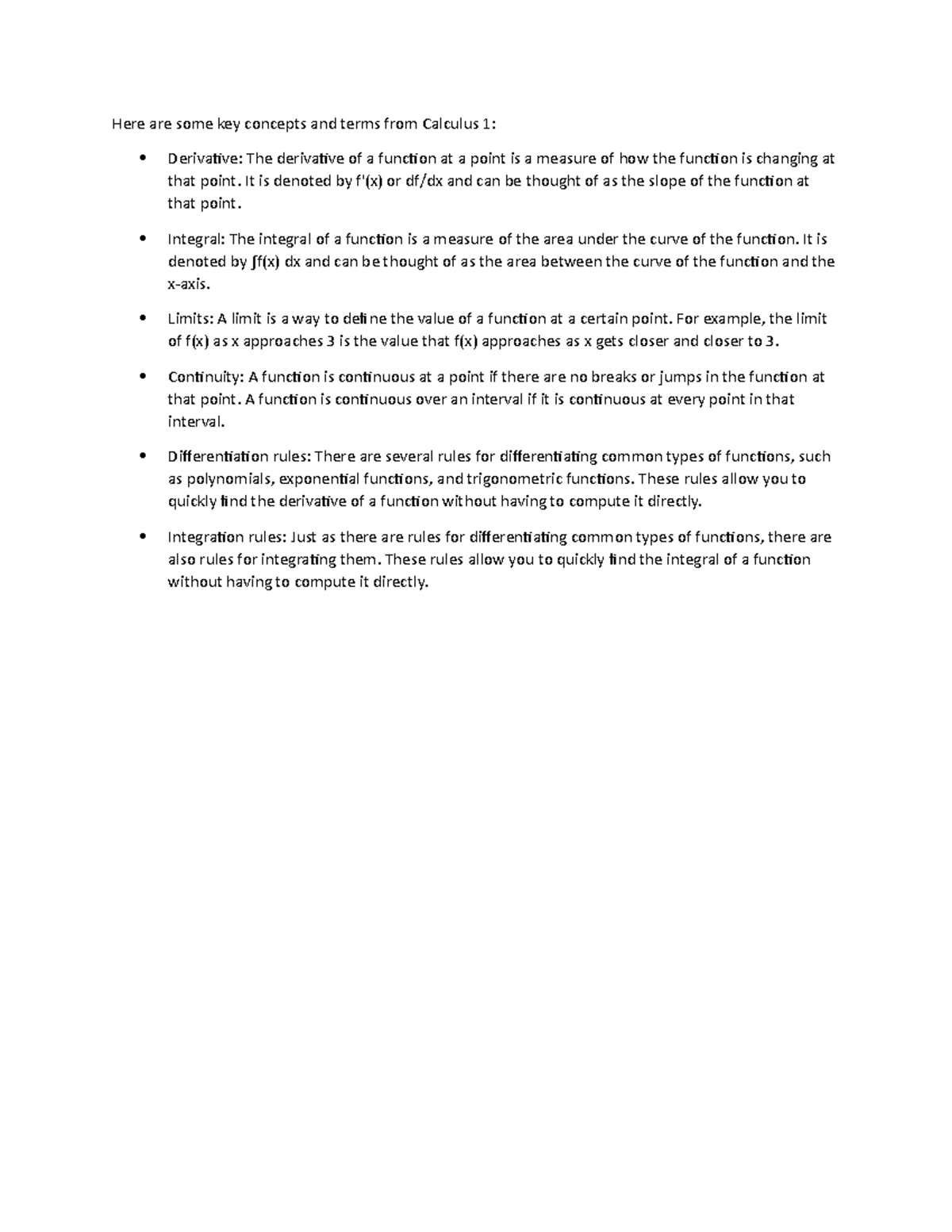 Calc 1 notes - Here are some key concepts and terms from Calculus 1 ...