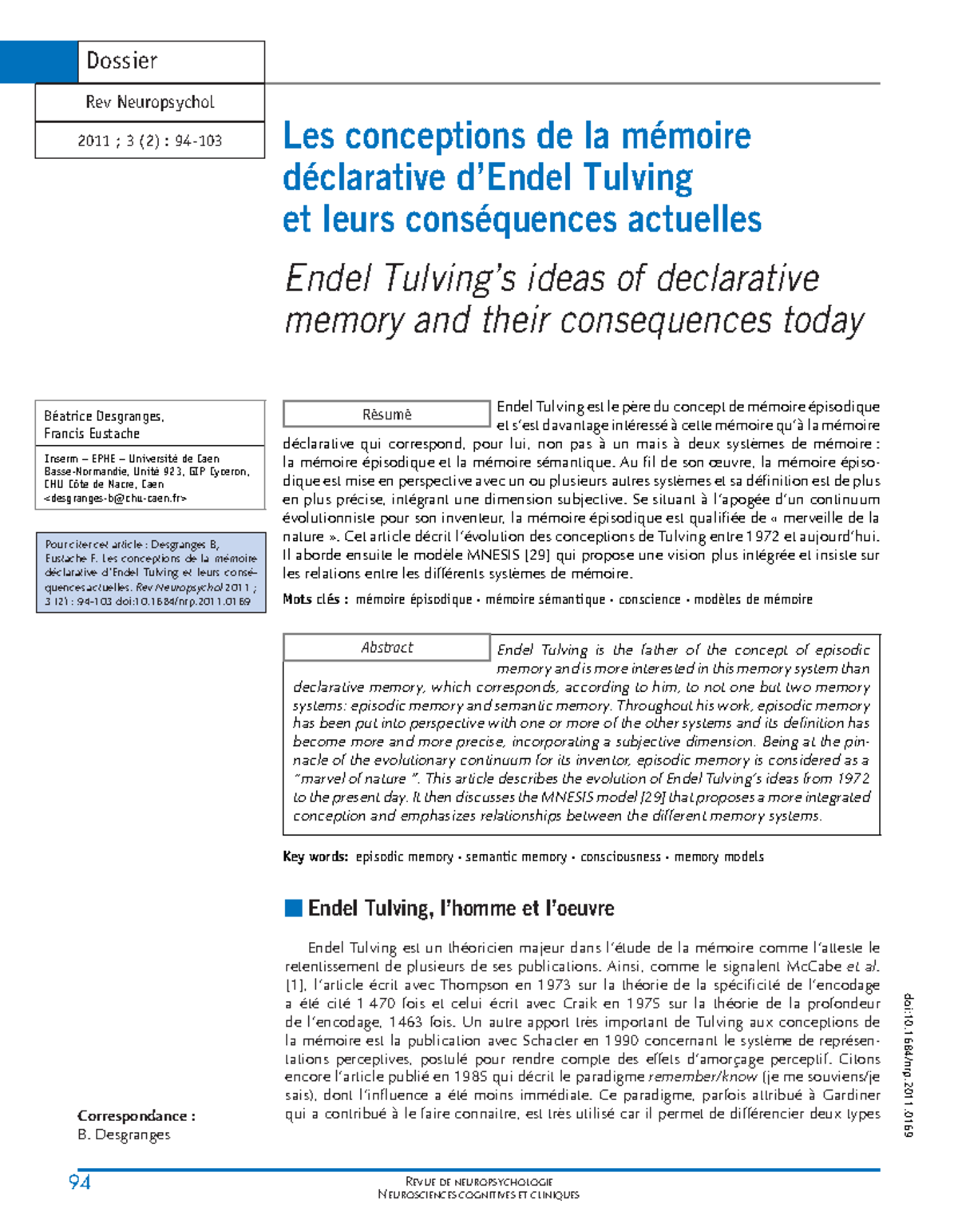 Desgranges Eustache 2011 - doi:10.1684/nrp. R EVUE DE NEUROPSYCHOLOGIE ...