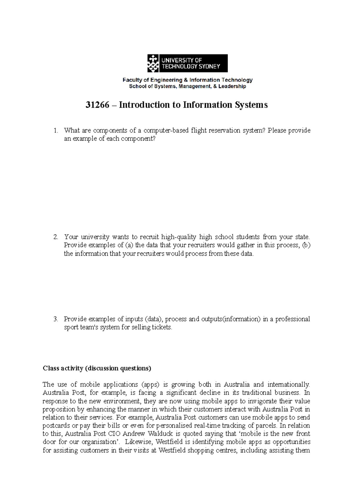 31266 Tutorial 2 Questions 2019 - 31266 – Introduction to Information Systems What are ...