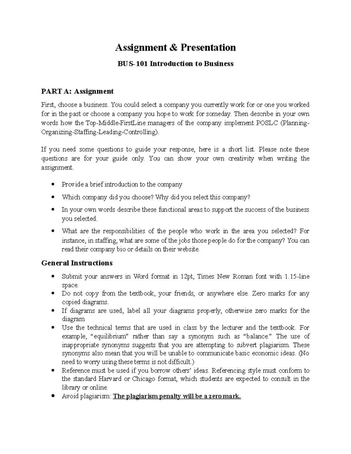 Assignment - Good - Assignment & Presentation BUS-101 Introduction to ...