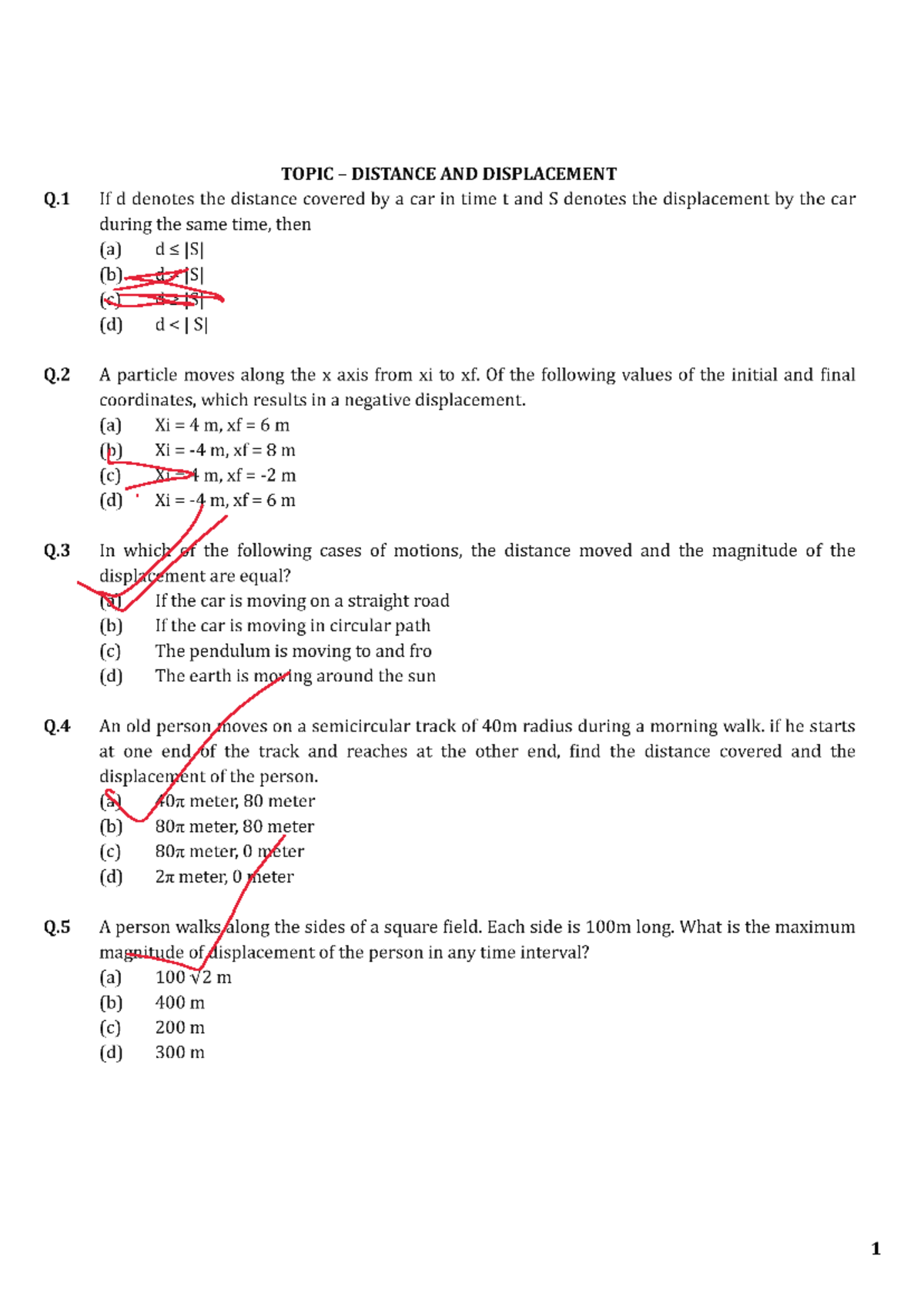 Motion - Practice - TOPIC DISTANCE AND DISPLACEMENT Q If d denotes the ...
