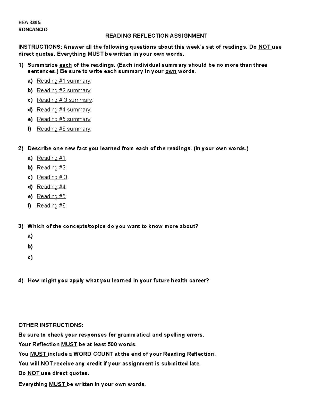 Reading Reflection Template F21 - HEA 3305 RONCANCIO READING REFLECTION ...