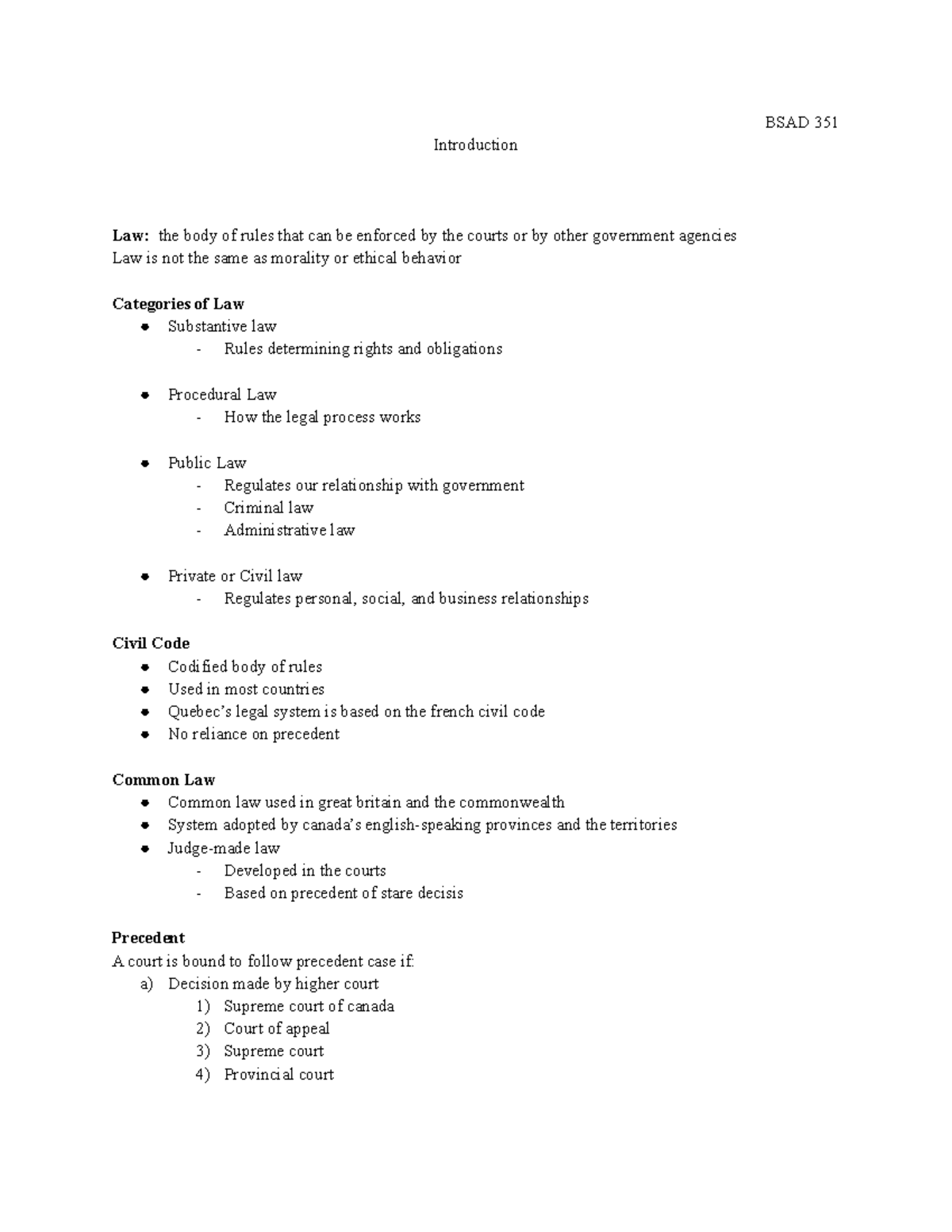 BSAD 351 - intro - notes - BSAD 351 Introduction Law: the body of rules ...