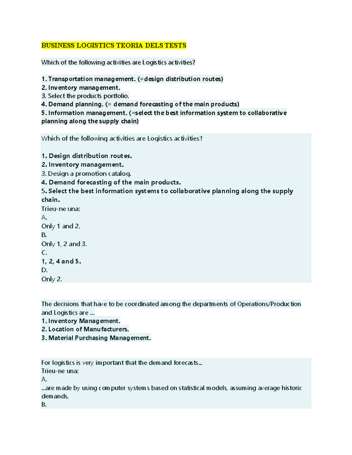 TEST Logidtica - test de business logisitics parte tipo test - BUSINESS ...