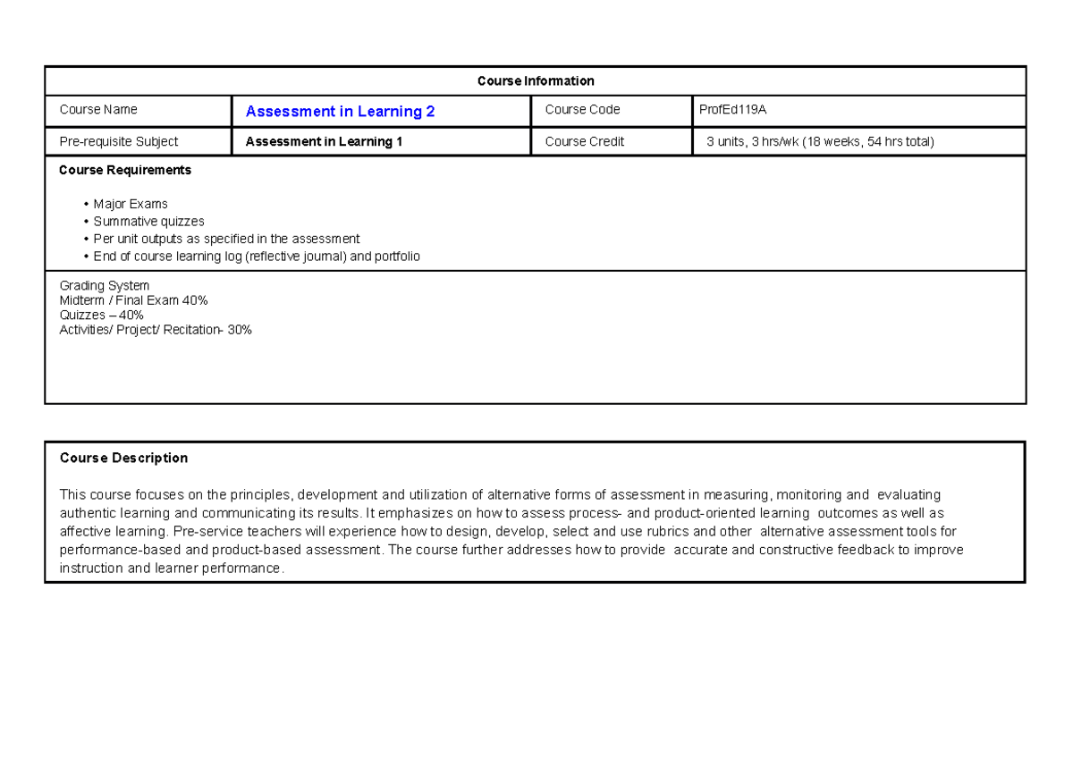 Assesment of Learning 2 Syllabus - Course Information Course Name ...