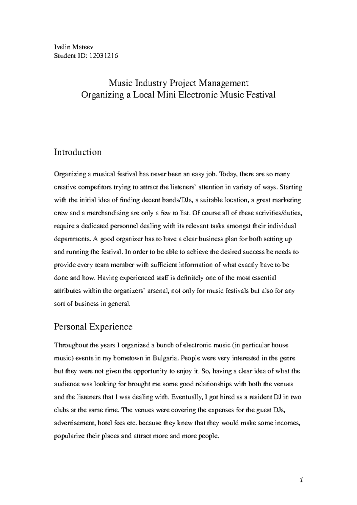 Music Industry Project Management - Ivelin Mateev Student ID: 12031216 ...