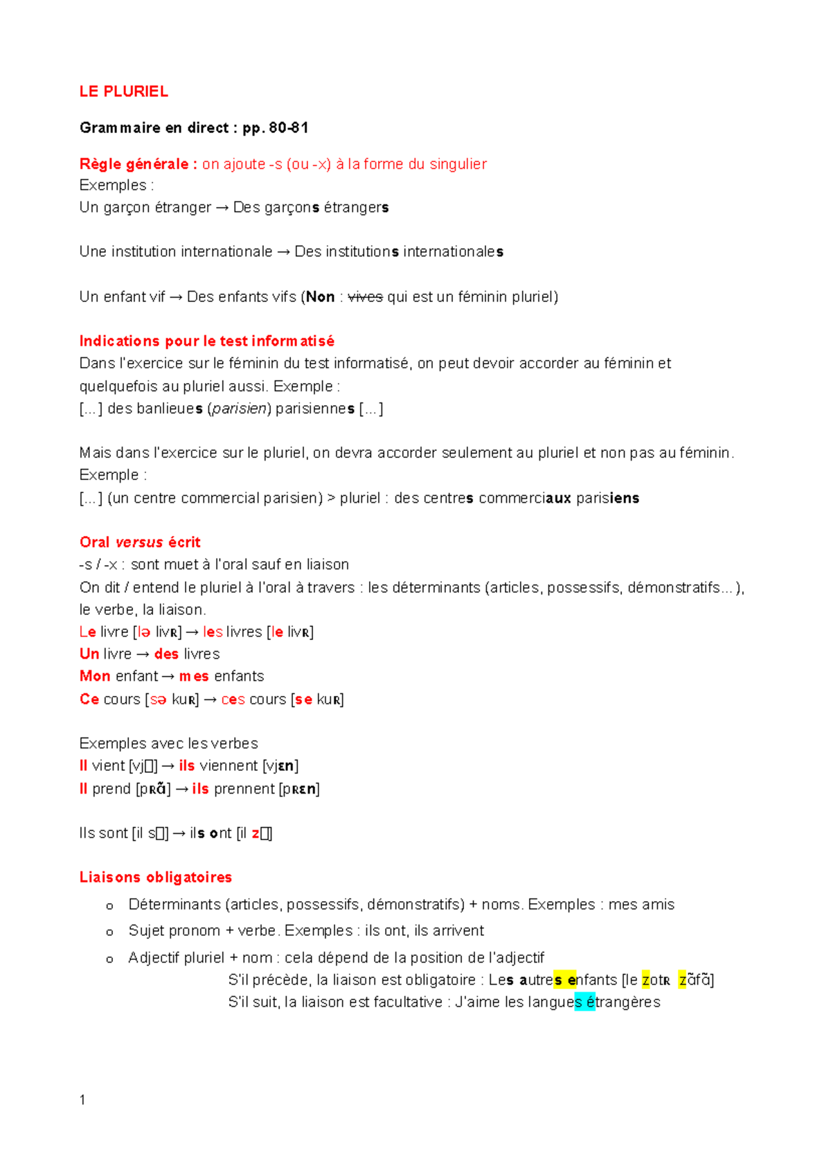 Verbi plurali francese - LE PLURIEL Grammaire en direct : pp. 80- Règle ...