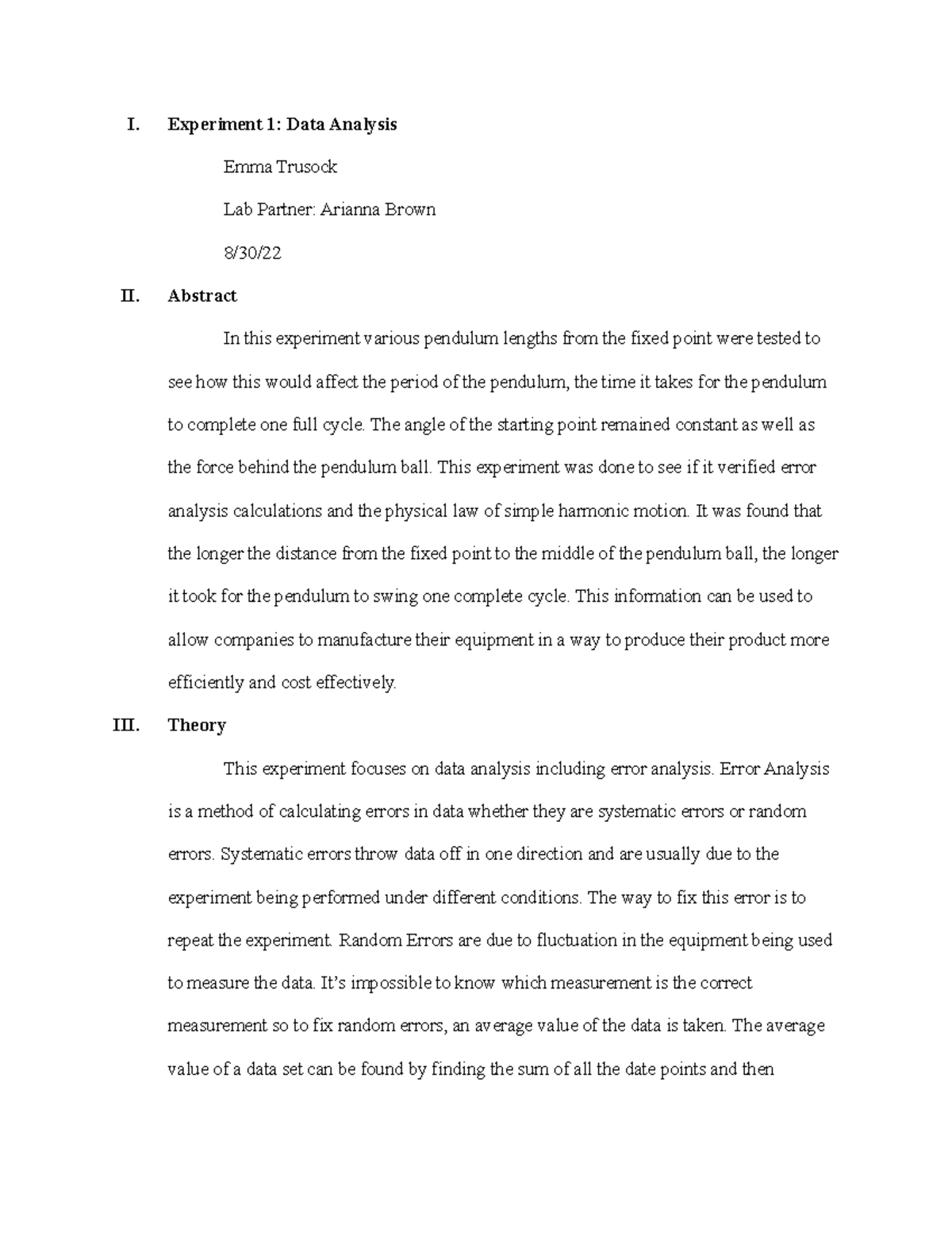 Experiment 1 Lab Report - I. Experiment 1: Data Analysis Emma Trusock ...
