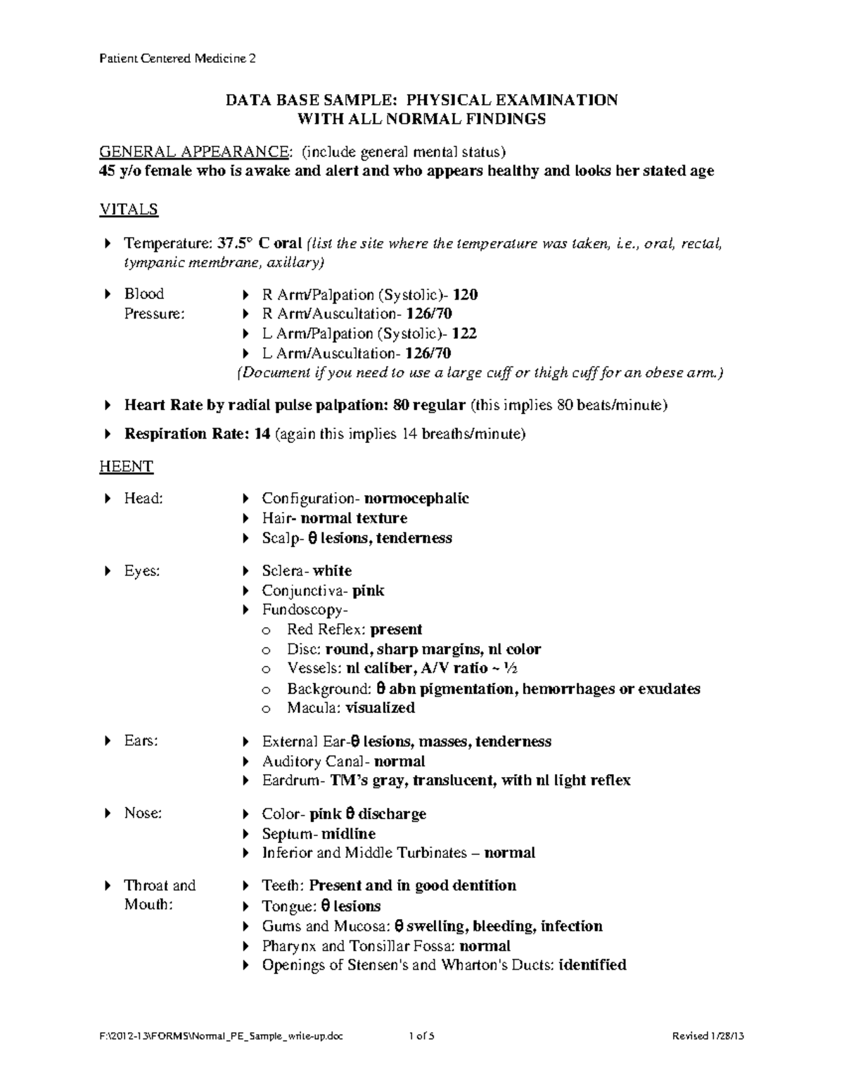 Normal PE Sample write-up - DATA BASE SAMPLE: PHYSICAL EXAMINATION WITH ...