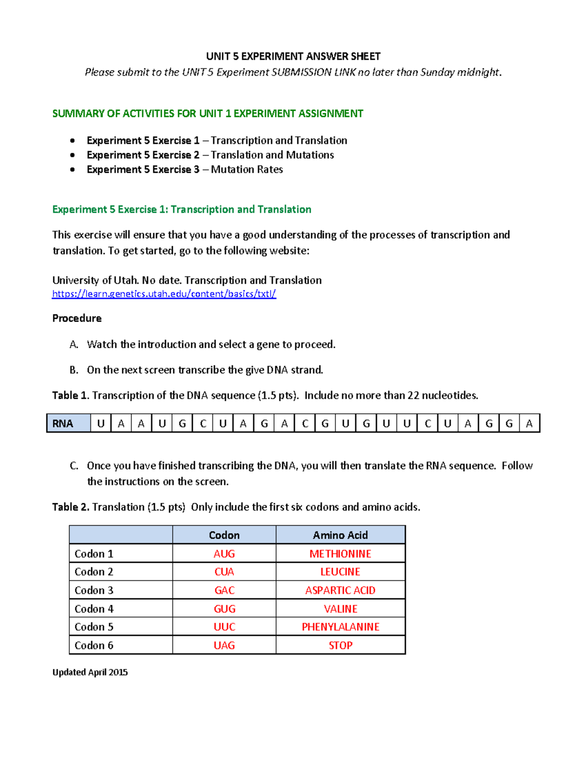 Week 5 Experiment Answer Sheet NEW - BI 114 - Studocu