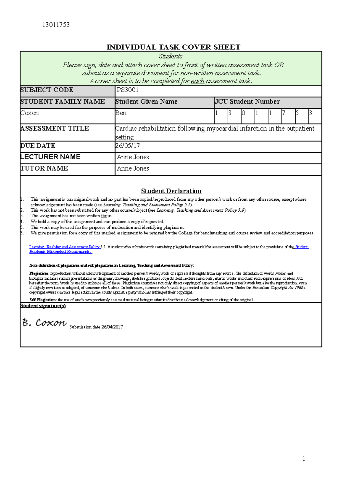 Assingment Final - INDIVIDUAL TASK COVER SHEET Students Please sign ...