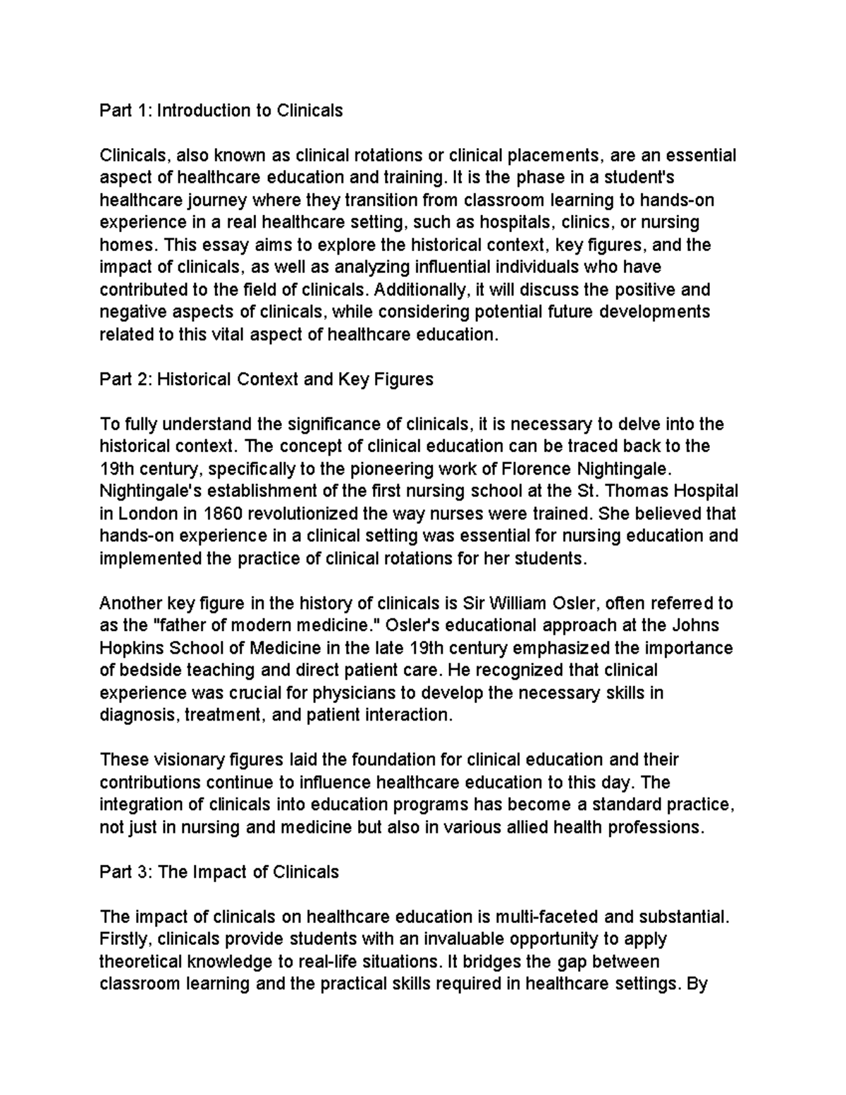 Part 1 - cna - Part 1: Introduction to Clinicals Clinicals, also known ...