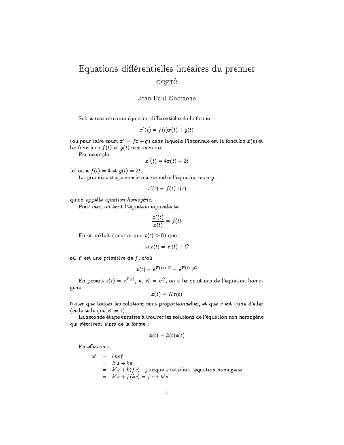 Equations différentielles linéaires du premier degré - Equations ...
