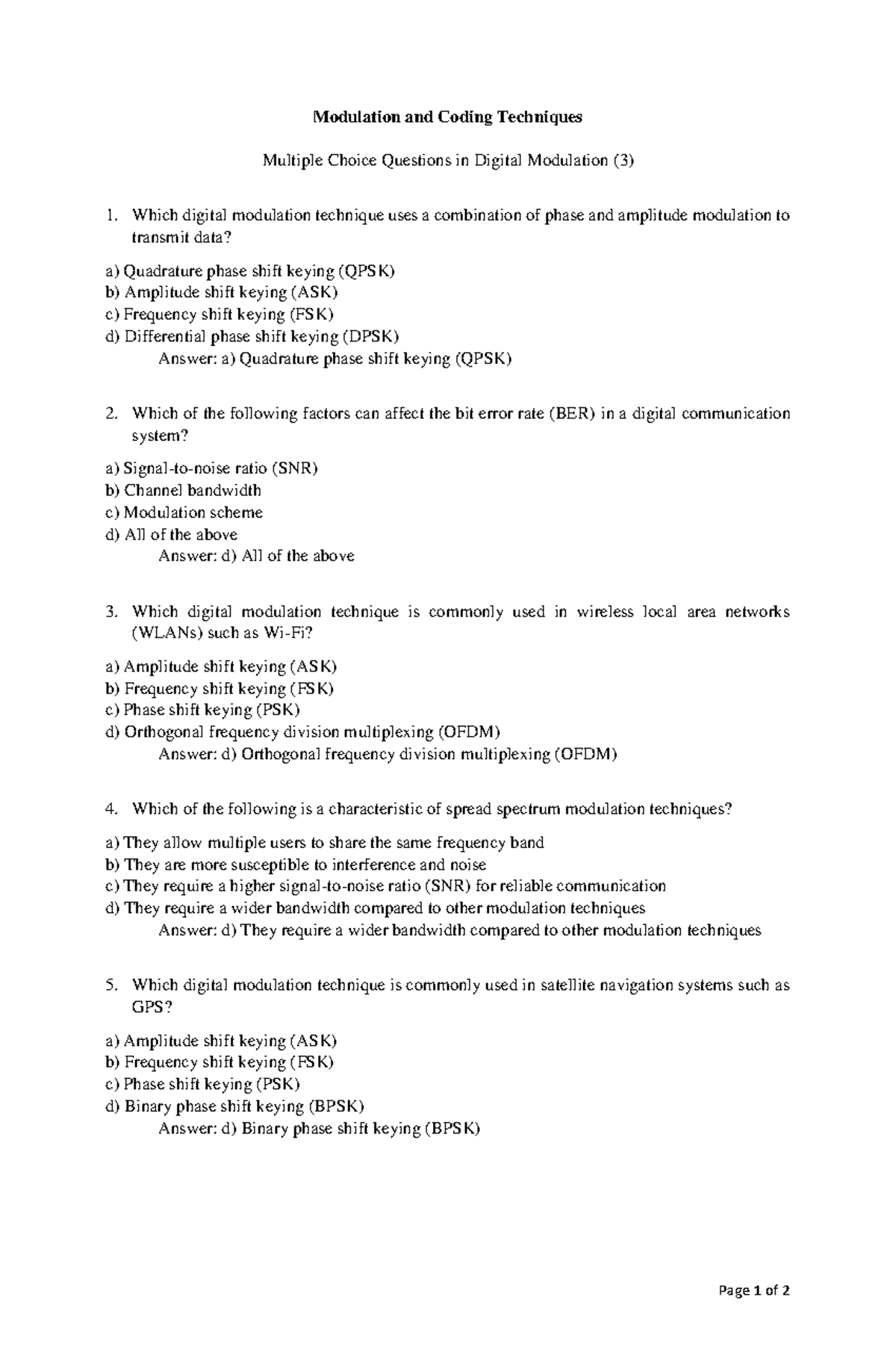MCQ in Digital Modulation - Page 1 of 2 Modulation and Coding ...