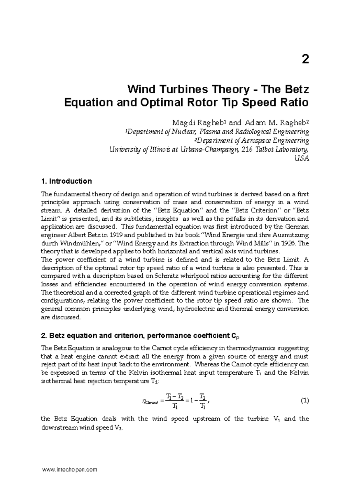 In Tech Wind turbines theory the betz equation and optimal rotor tip ...