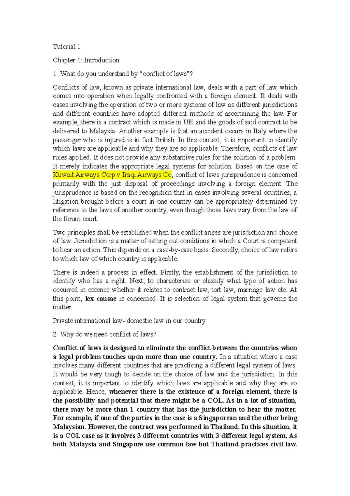 conflict of law tutorial 1 conflict of laws tutorial 1 - Tutorial 1 ...