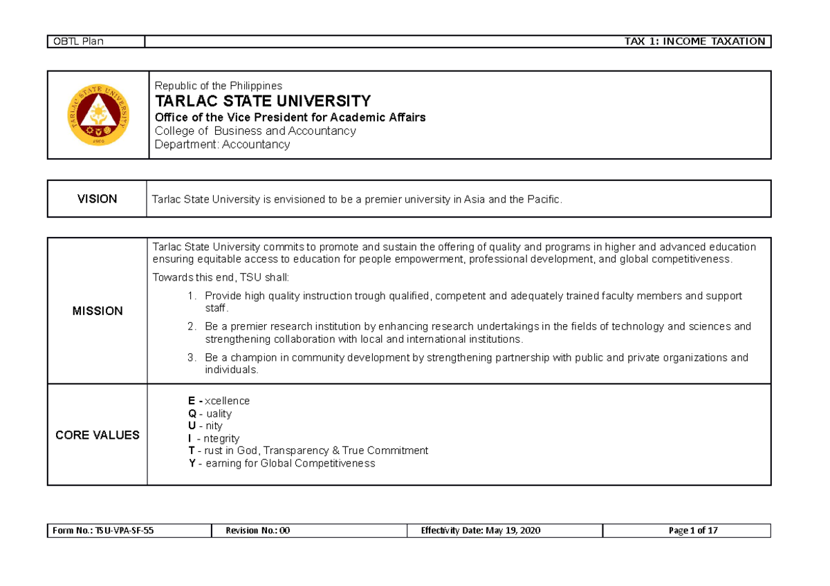 TAX 1 Flexible OBTL A4 - Republic of the Philippines TARLAC STATE ...