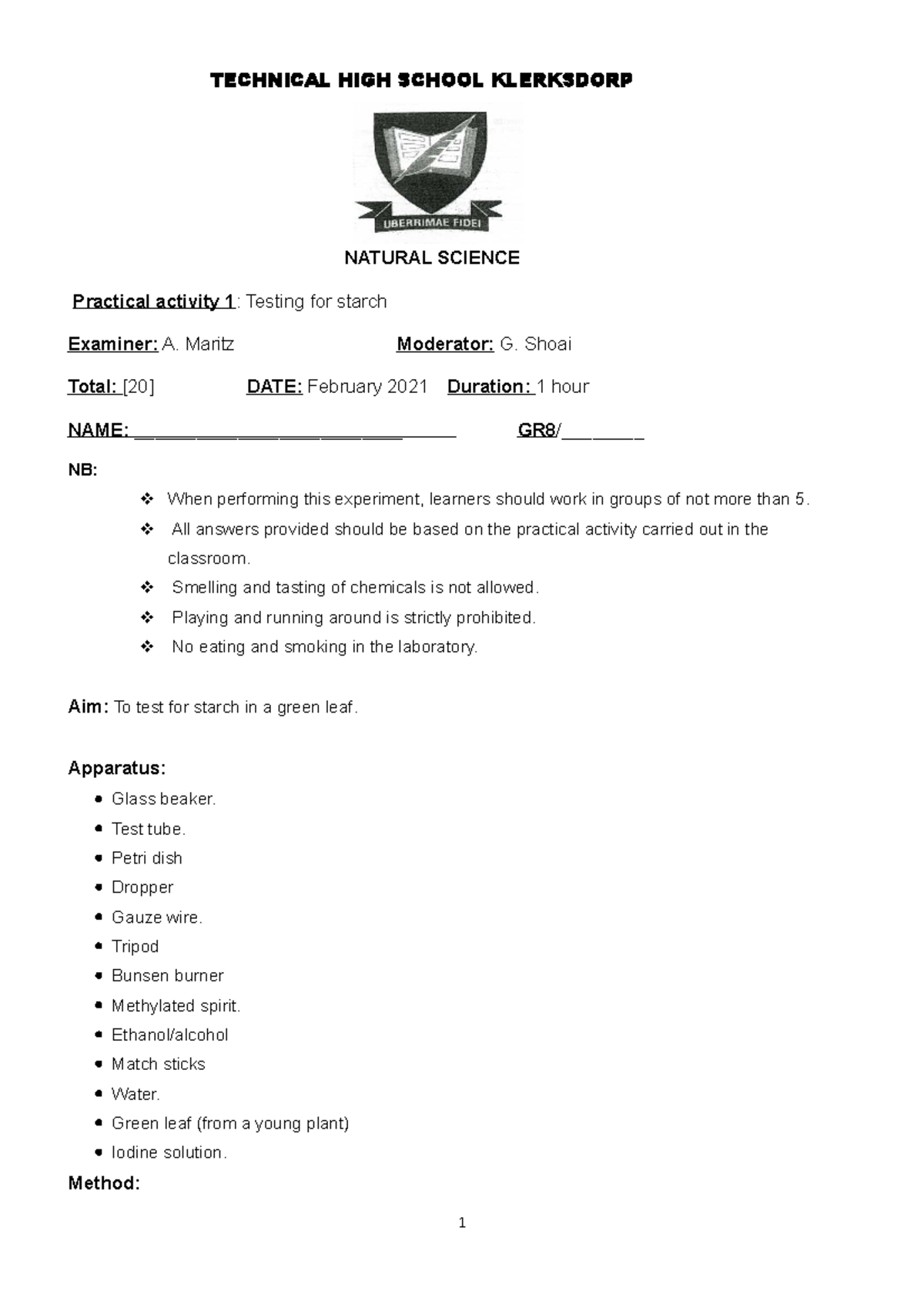 Practical 1 - TECHNICAL HIGH SCHOOL KLERKSDORP NATURAL SCIENCE ...