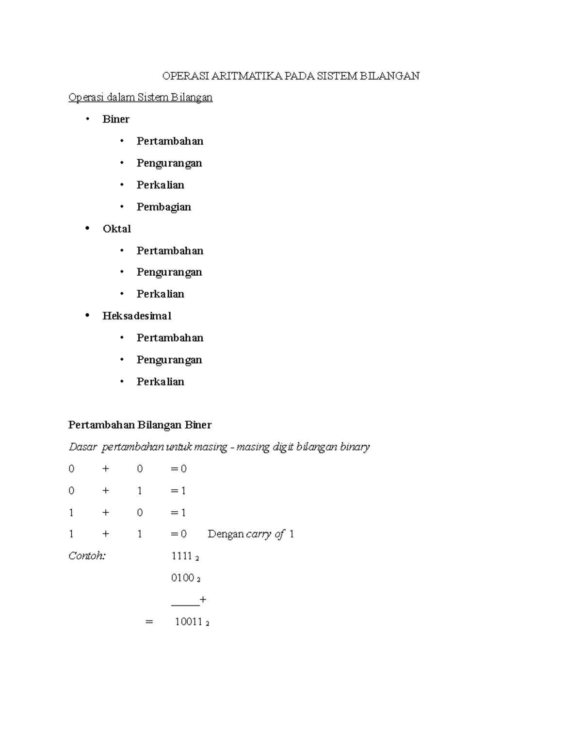 Operasi Aritmatika PADA Sistem Bilangan - OPERASI ARITMATIKA PADA ...
