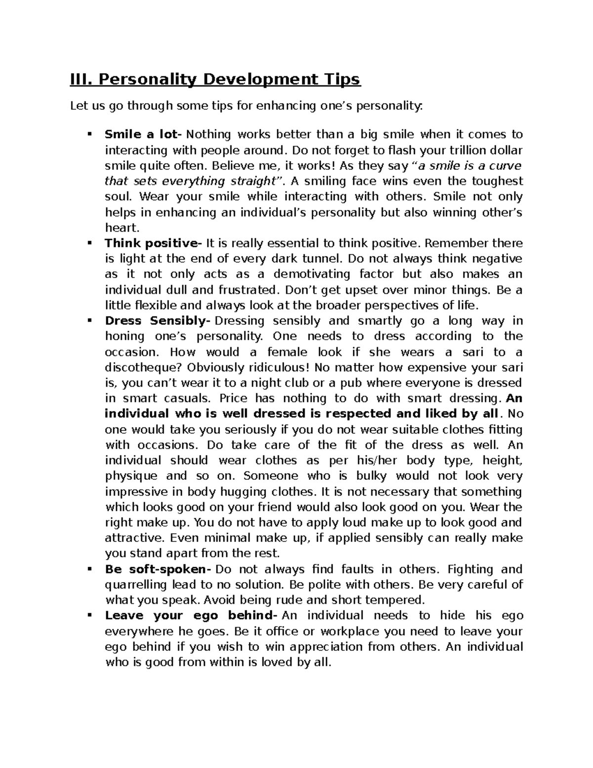 III. Personality Development Tips - III. Personality Development Tips ...
