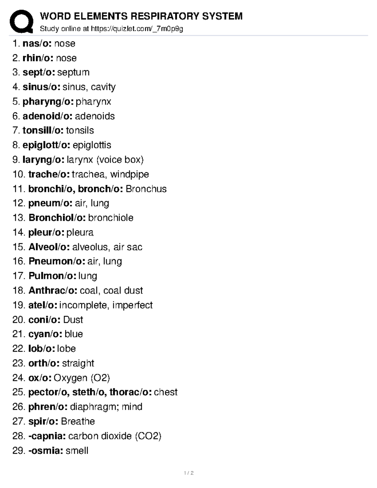 WORD Elements Respiratory System - WORD ELEMENTS RESPIRATORY SYSTEM ...