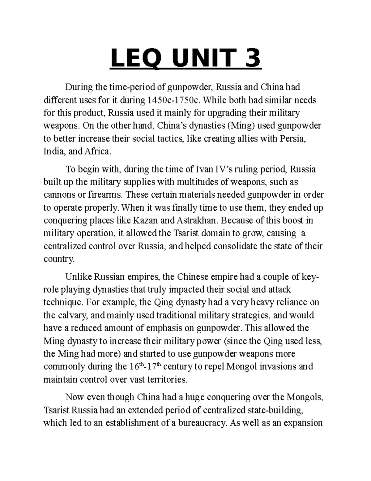 LEQ UNIT 3 - potato - LEQ UNIT 3 During the time-period of gunpowder ...