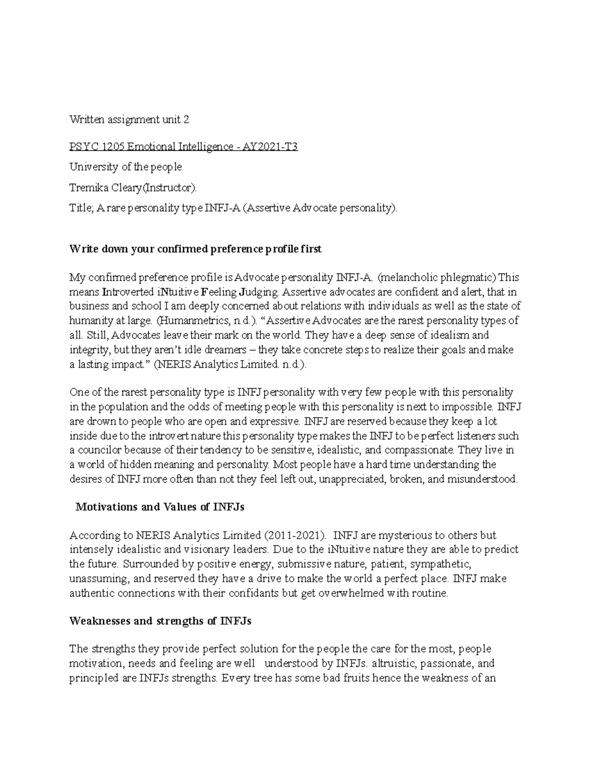 Written assignment unit3 emotional intelligence - Written assignment unit 2 PSYC 1205 Emotional ...