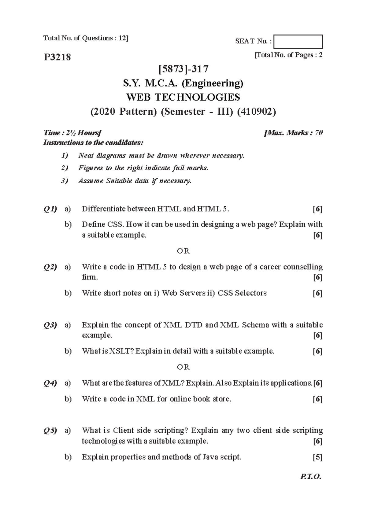 Sample question papers web technilogy - Q1) a) Differentiate between ...