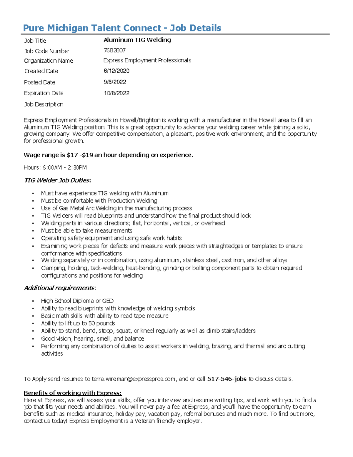 Mi Talent Job Details 7682807 - Pure Michigan Talent Connect - Job ...