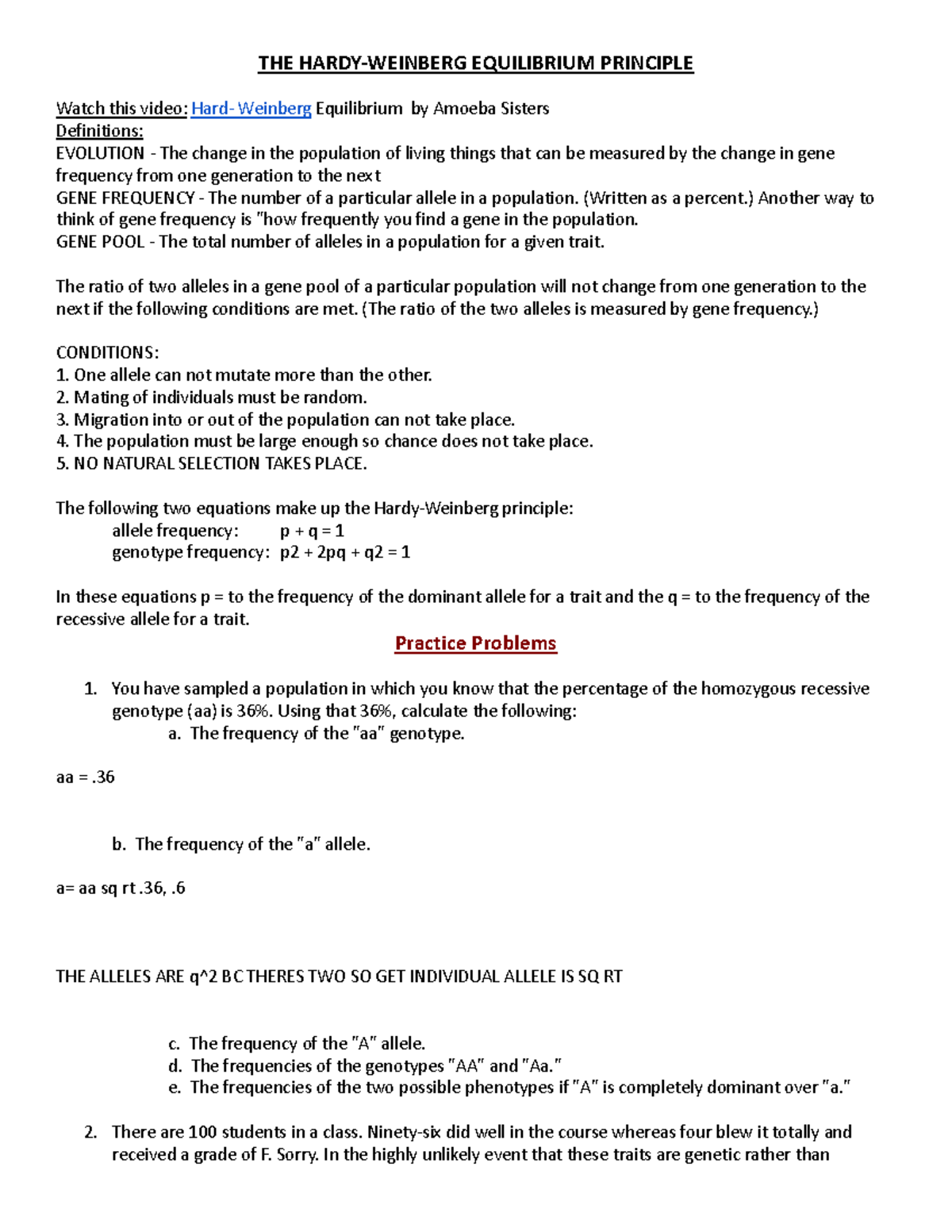 Pl hardy weinberg expl & problems 23 - THE HARDY-WEINBERG EQUILIBRIUM ...