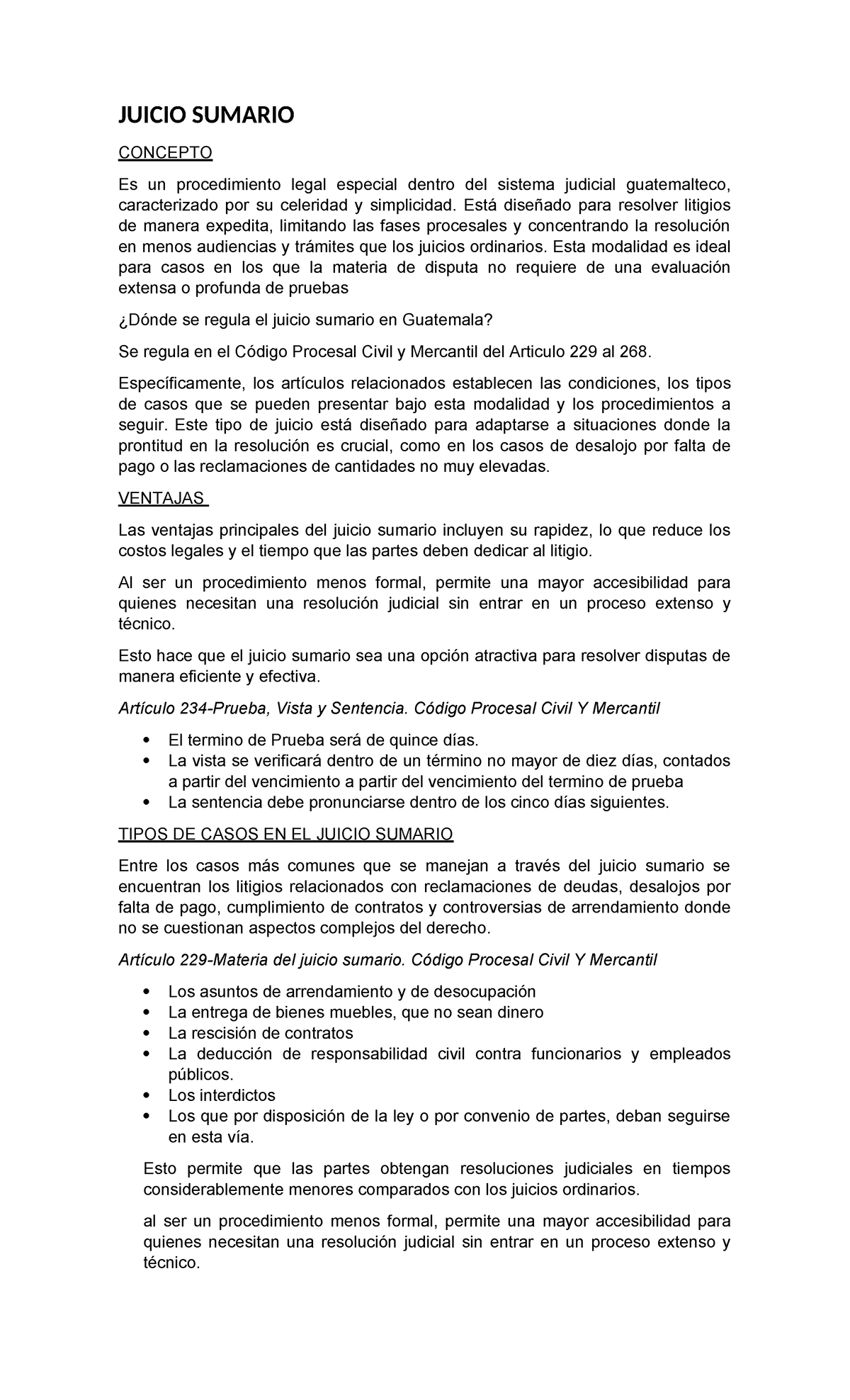 Procesos - JUICIO SUMARIO CONCEPTO Es un procedimiento legal especial ...