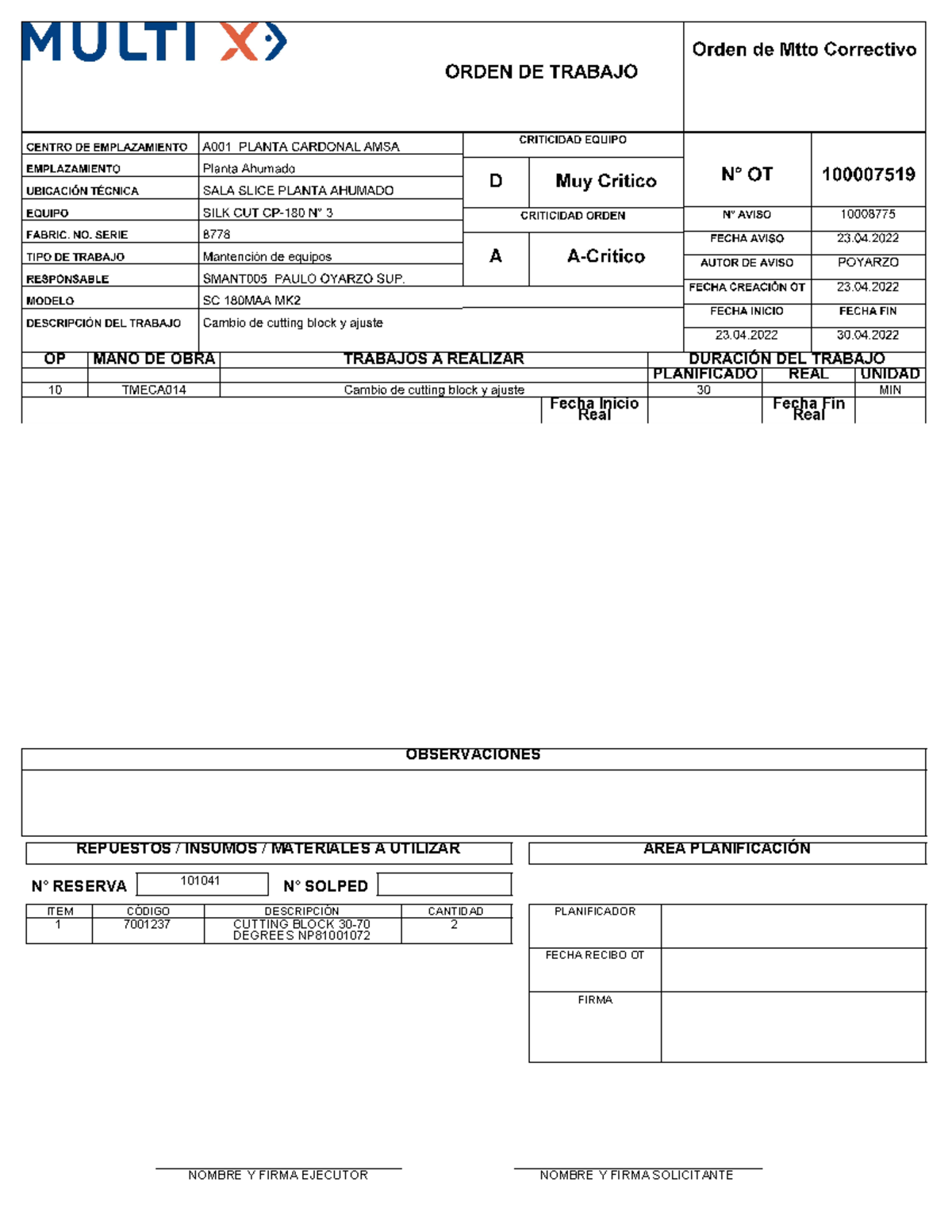 SAP Orden de trabajo 100007519 - ORDEN DE TRABAJO Orden de Mtto ...