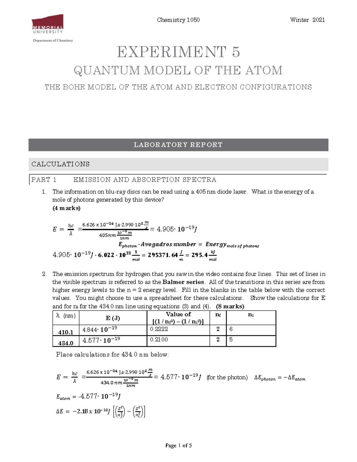 1050 Experiment 5 Quantum Outline W2021 Compleated - Chemistry 1050 ...