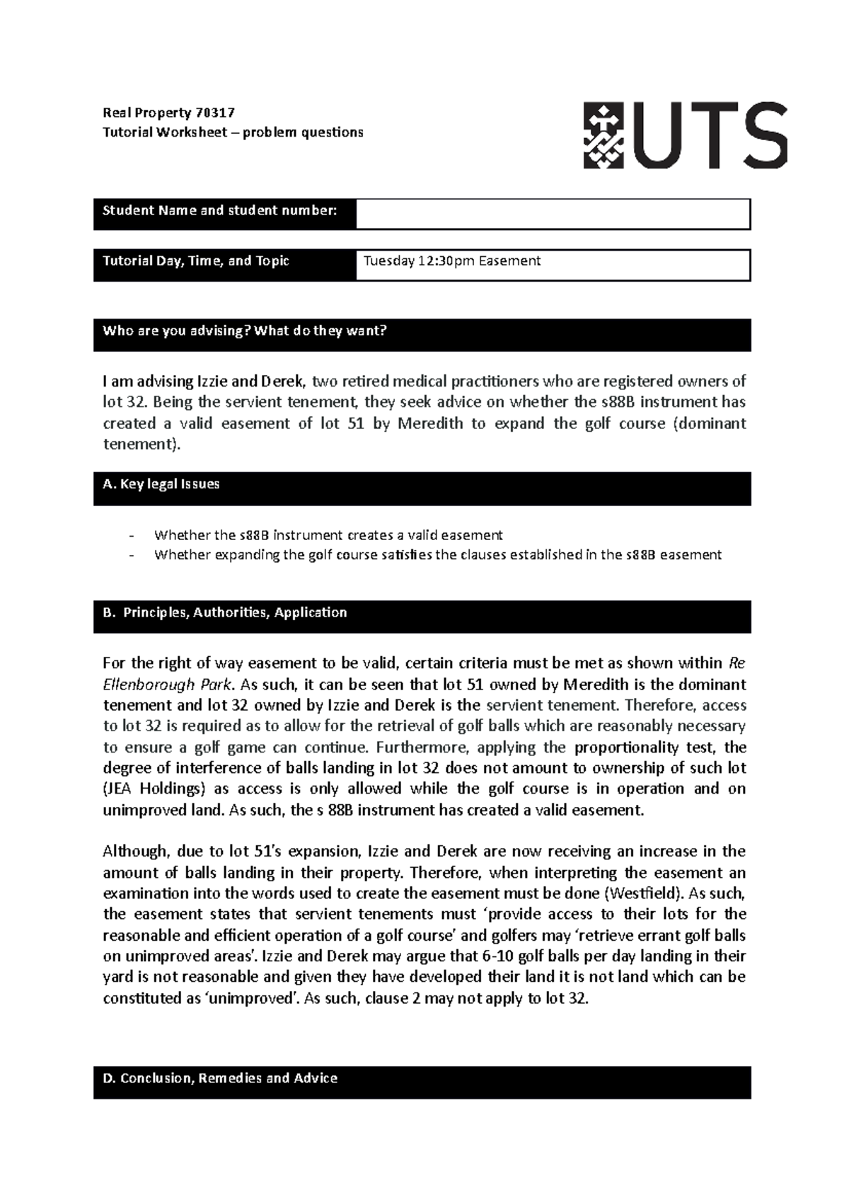Tutorial 6 notes - Real Property 70317 Tutorial Worksheet – problem ...