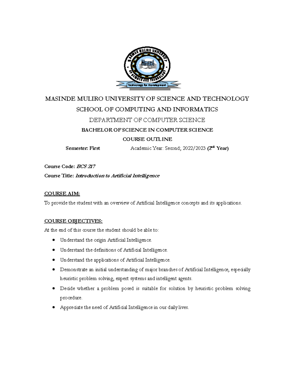 BCS 217 Intro to AI 2022 2023 Outline - MASINDE MULIRO UNIVERSITY OF ...