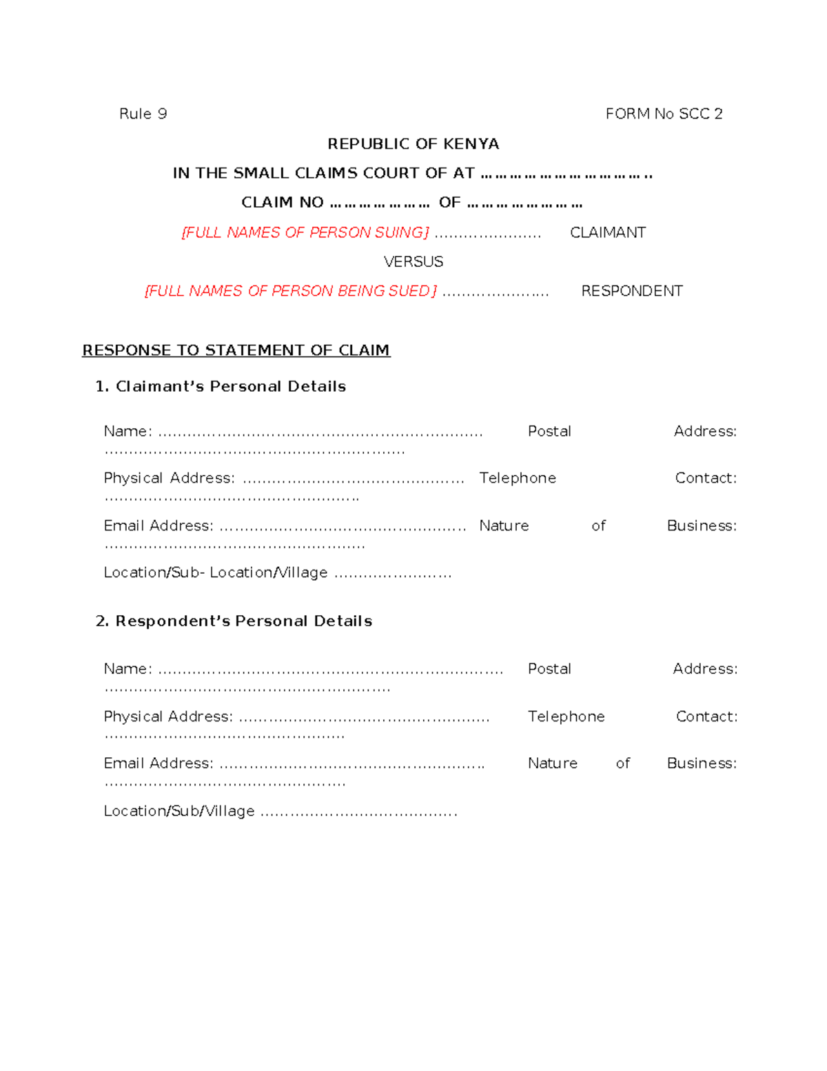Small-Claims-Court Response To Statement Of Claim - Rule 9 FORM No SCC ...