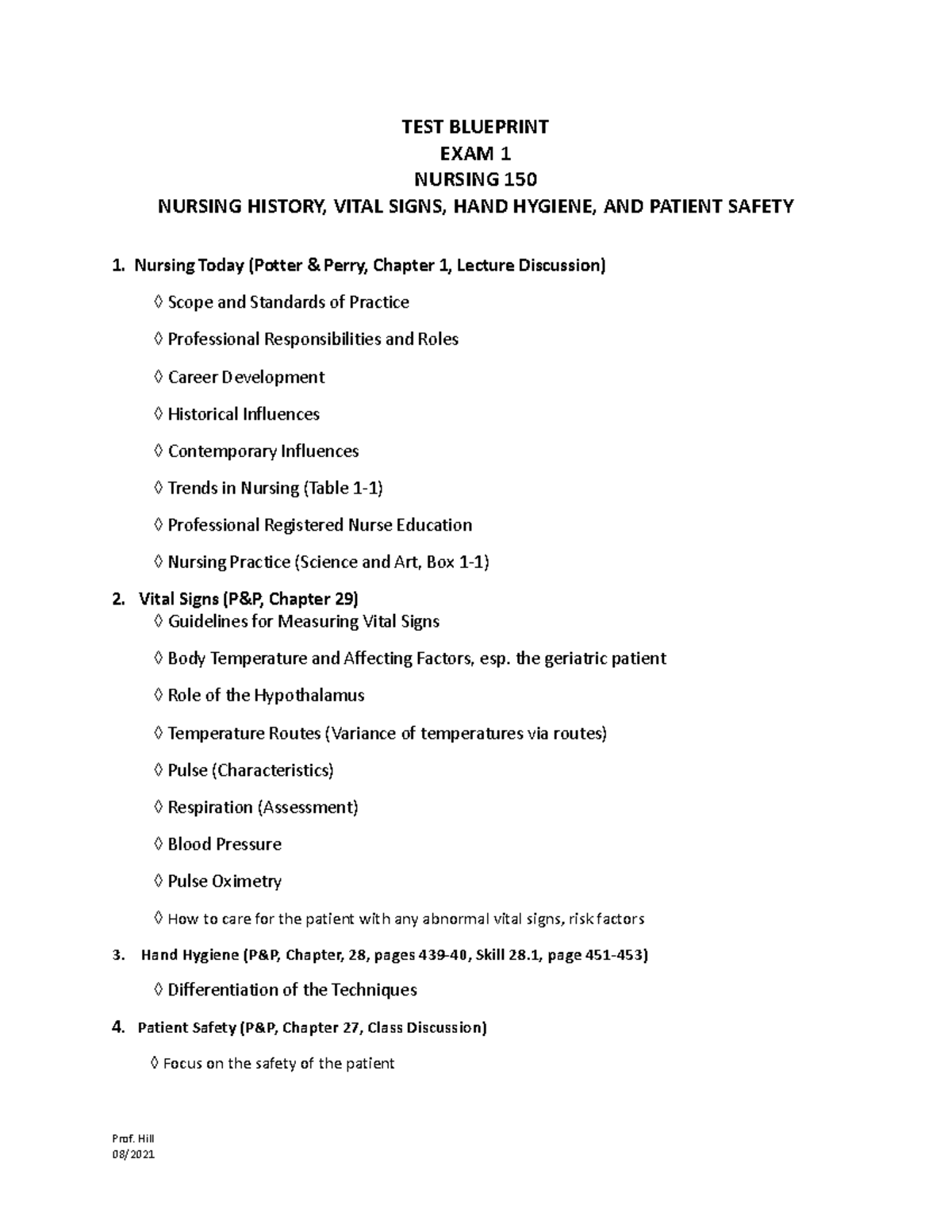 N150 Exam 1 Test Study Guide - TEST BLUEPRINT EXAM 1 NURSING 150 ...