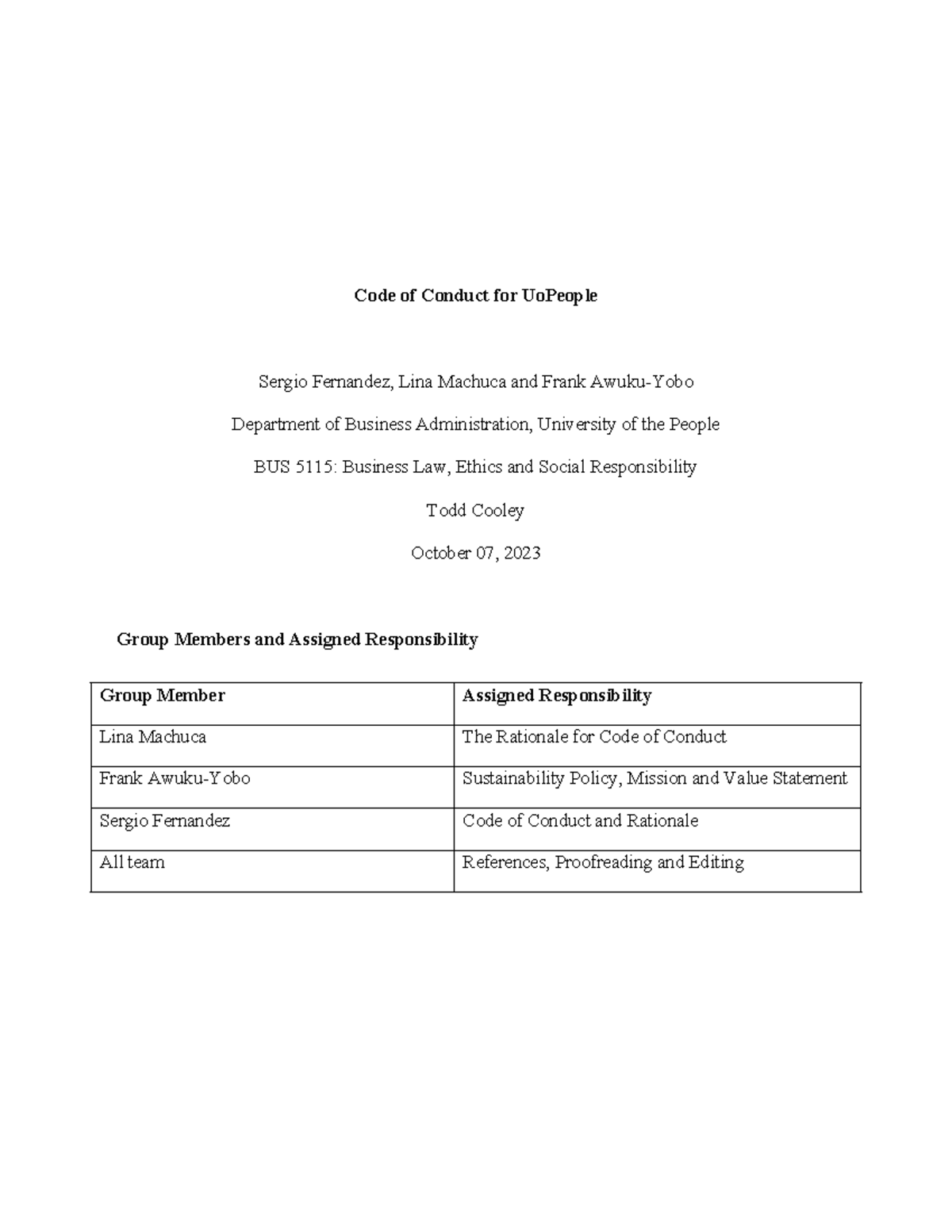 BUS 5115 Code of Conduct for Uo People - Code of Conduct for UoPeople ...