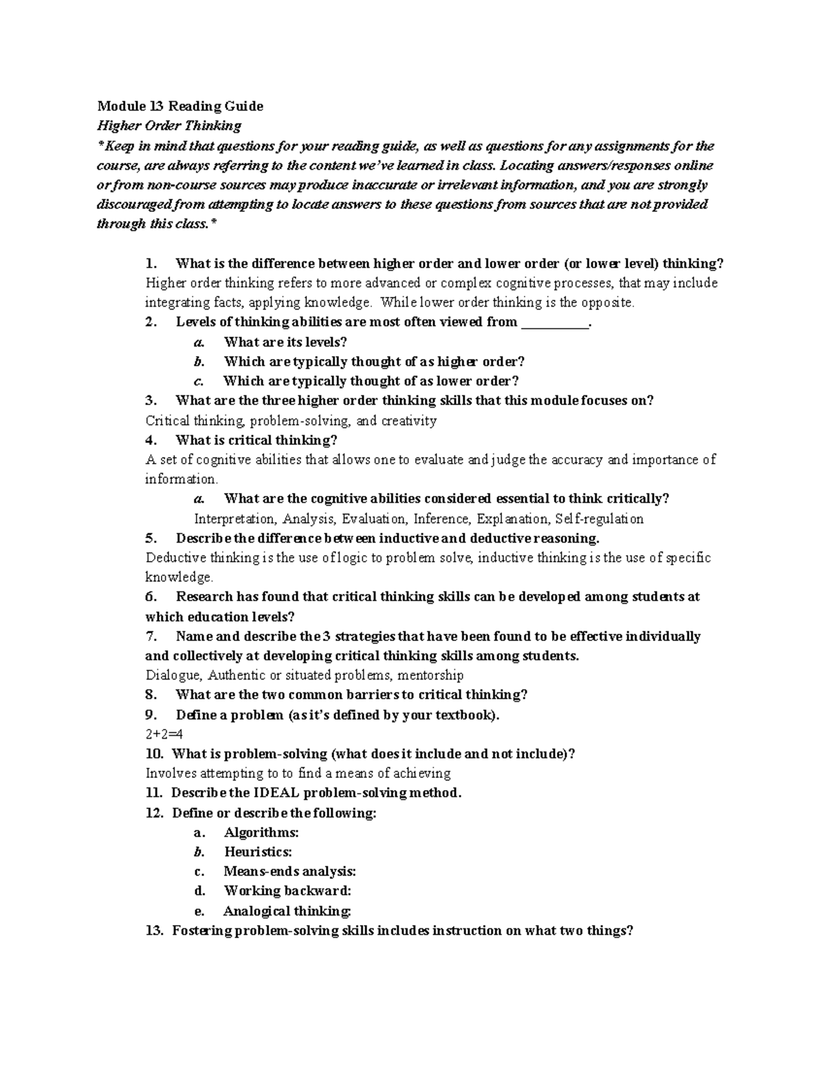 Module 13 Reading guide - Module 13 Reading Guide Higher Order Thinking Keep in mind that ...