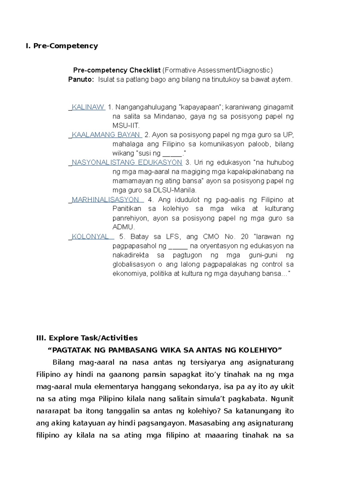 Komfil-3 - ANSWERS - I. Pre-Competency Pre-competency Checklist ...