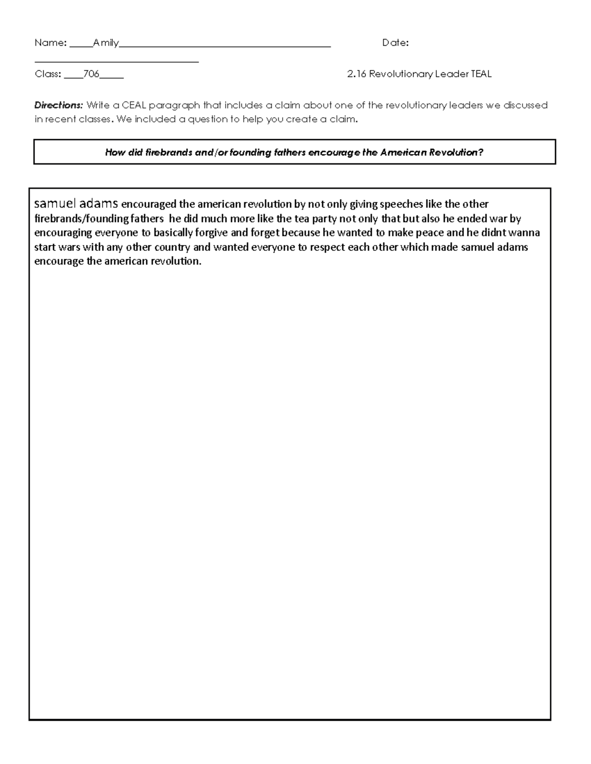 Amily Gonzalez - 2.16 Revolutionary Leader CEAL Paragraph - Name: - Studocu