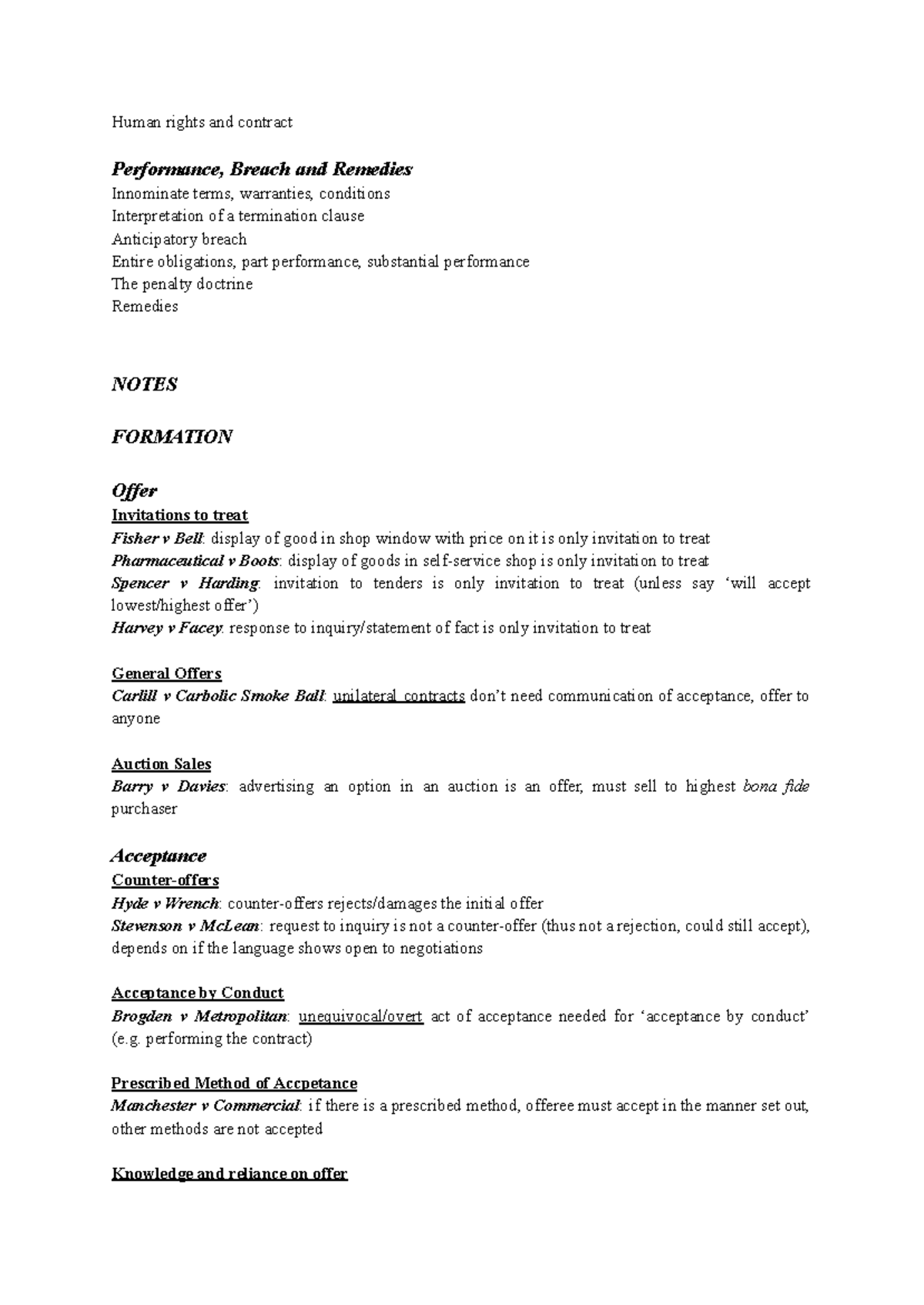 contract law formation - Human rights and contract Performance, Breach ...