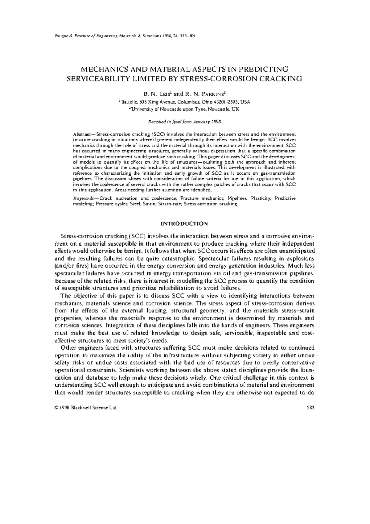 Fatigue Fract Eng Mat Struct - 2002 - Leis - Mechanics AND Material Aspects IN Predicting - Studocu
