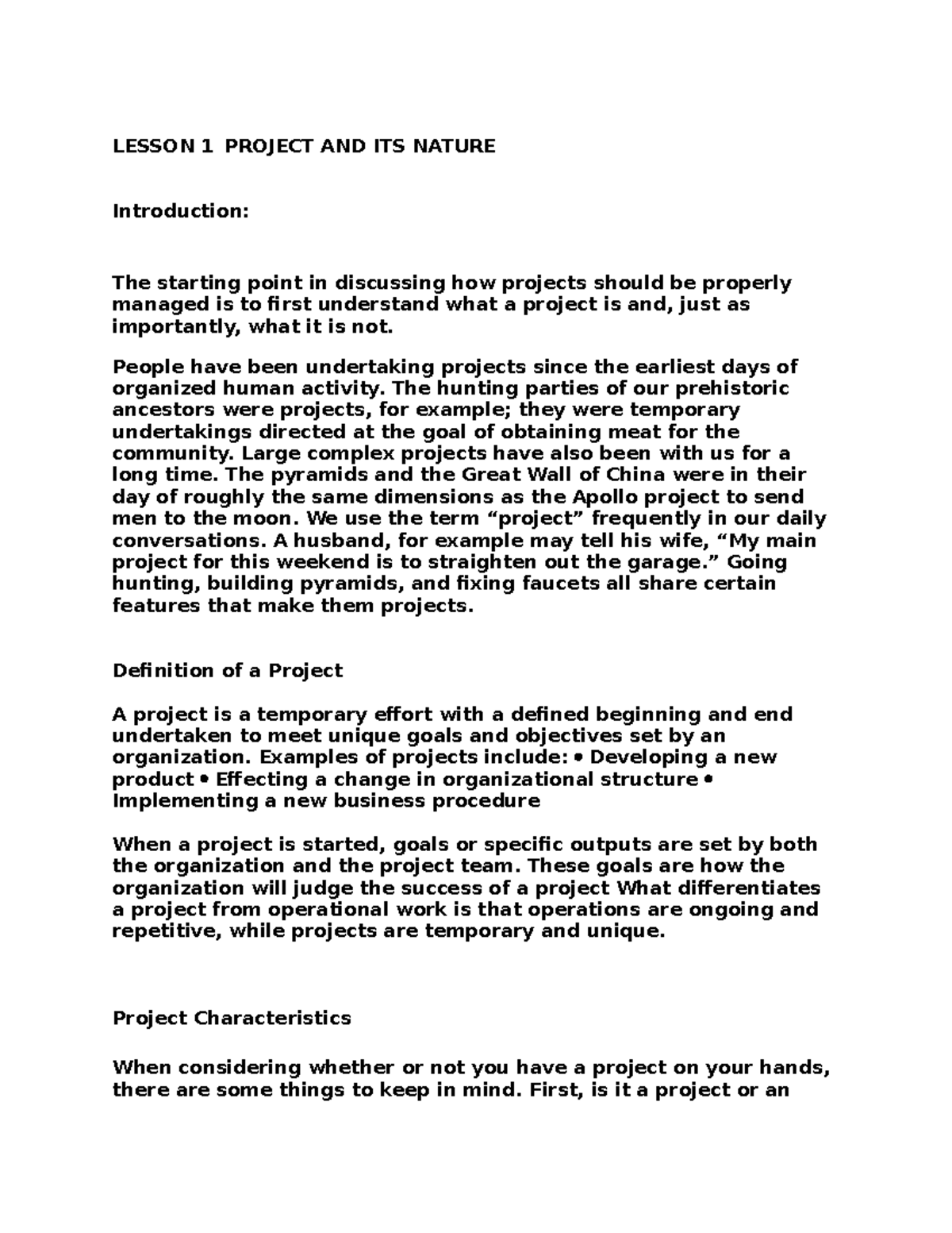Lesson 1 Project AND ITS Nature - LESSON 1 PROJECT AND ITS NATURE ...